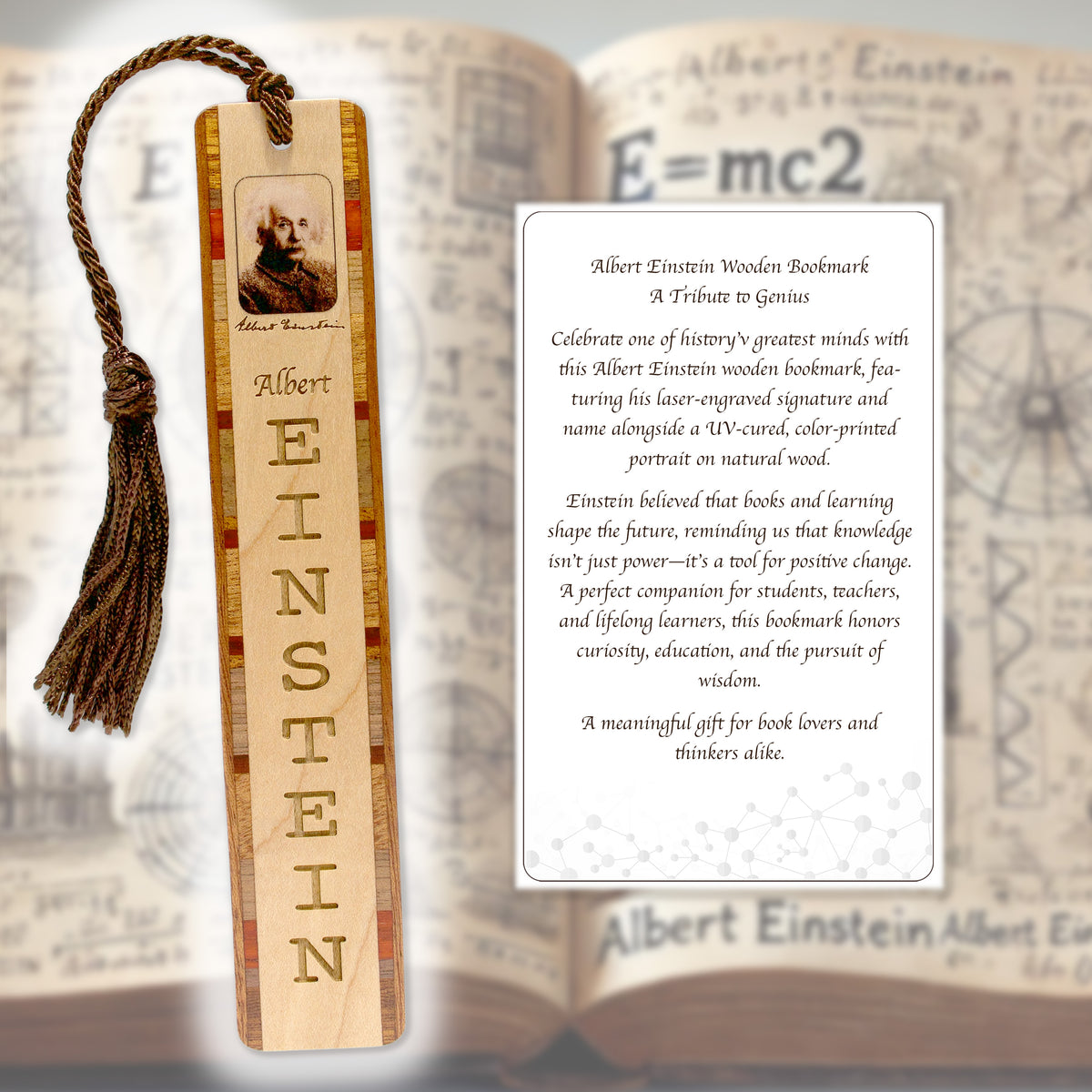 Albert Einstein Photo with Signature Wooden Bookmark - Made in the USA