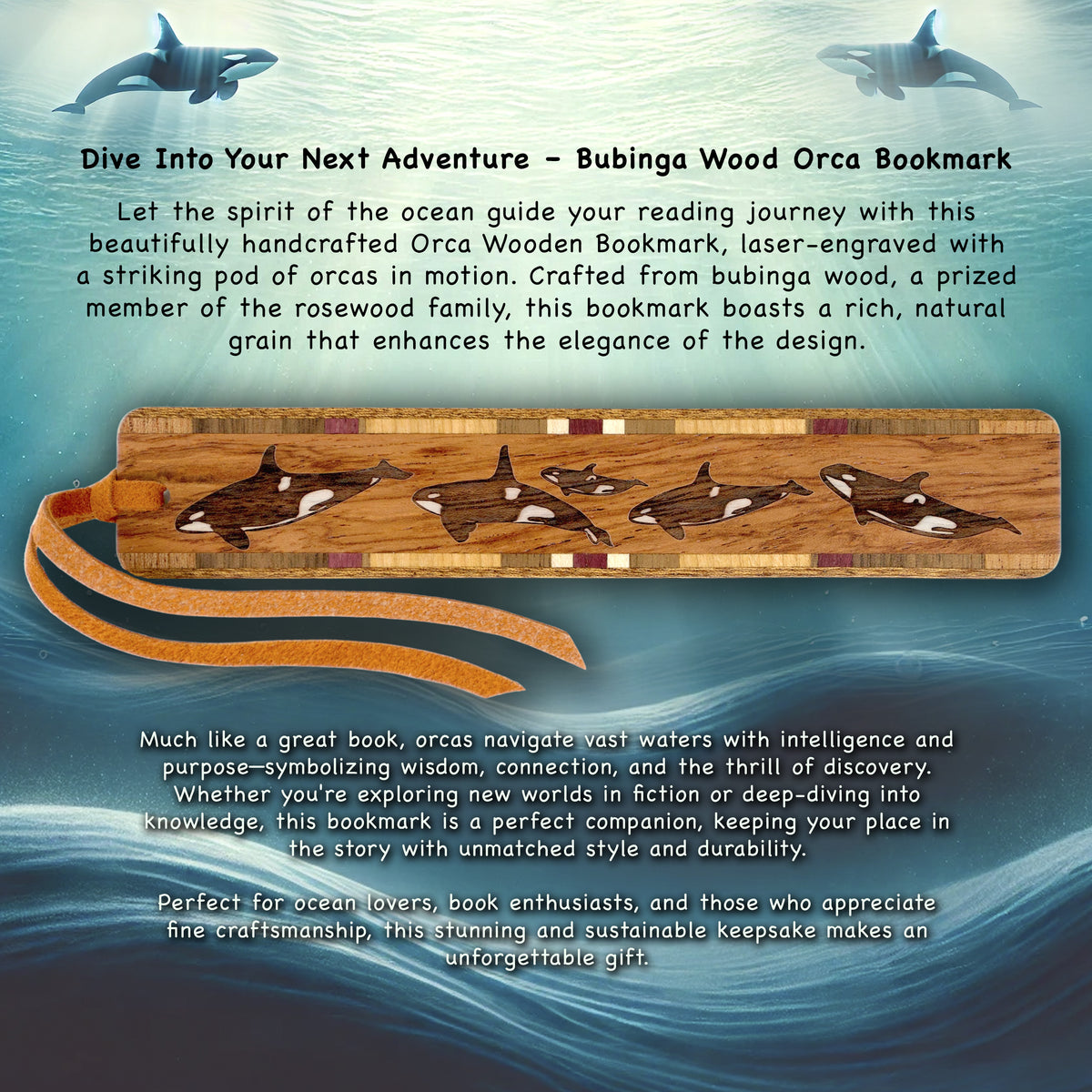 Orca Killer Whales Handmade Engraved Wooden Bookmark - Made in the USA