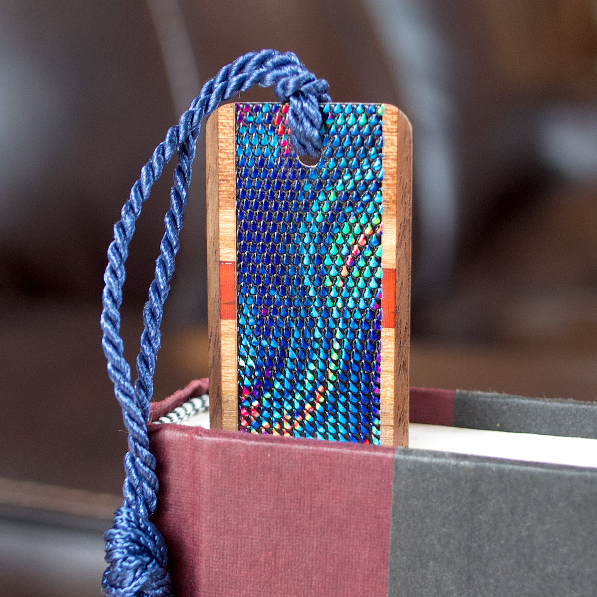 Wood Bookmark – Cascading Prisms of Color with Iridescent Checkered Te
