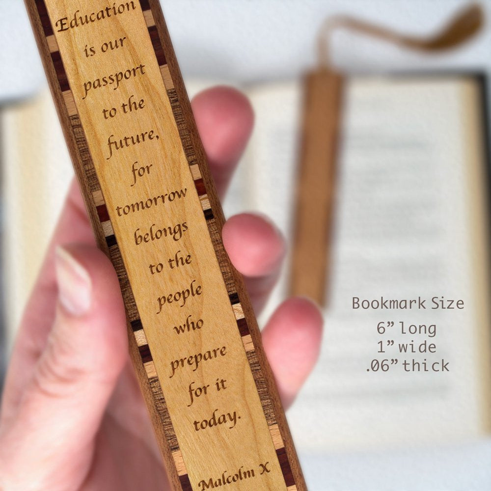 Malcolm X Education Quote Handmade Engraved Wooden Bookmark - Made in