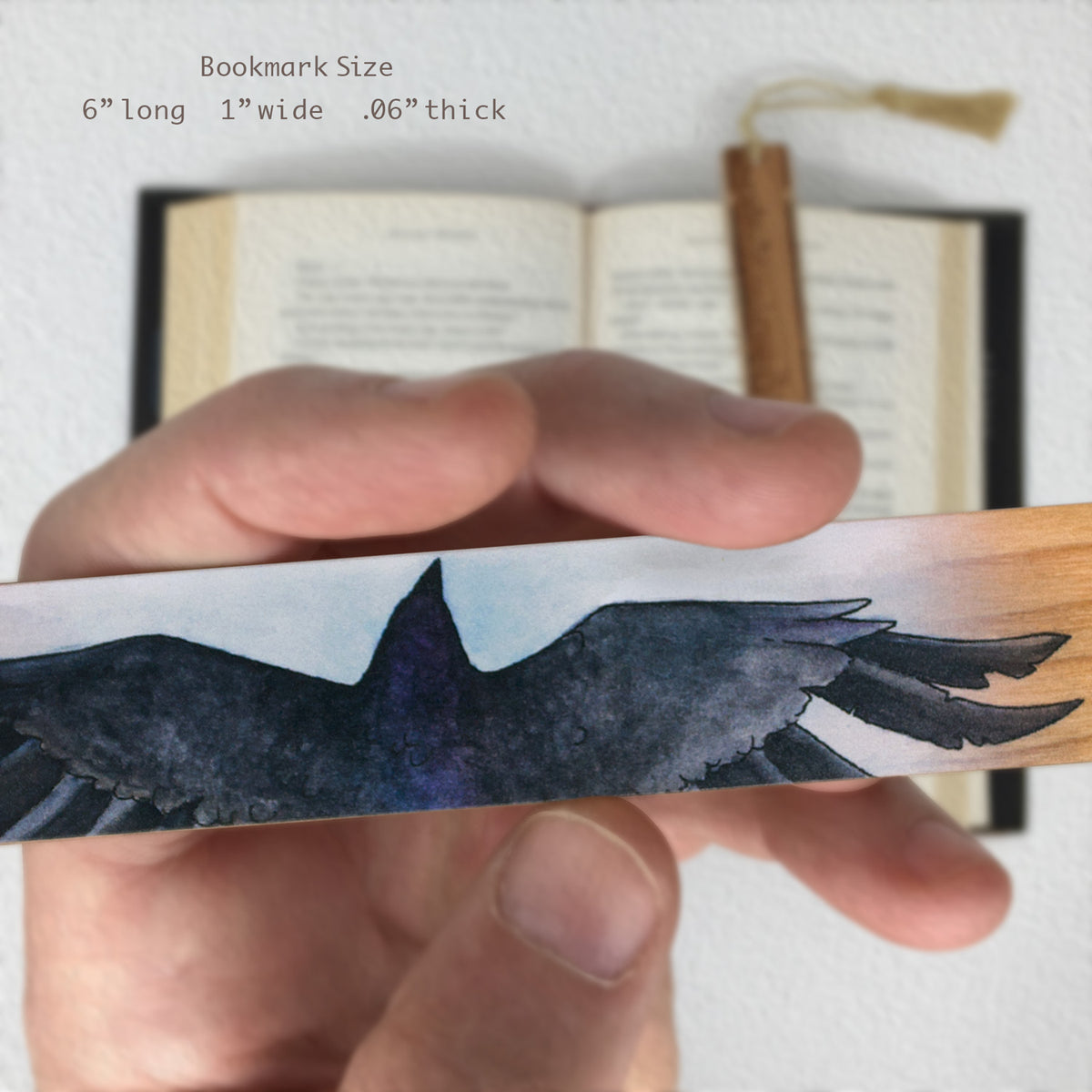 Crow - Art by Christi Sobel on Solid Cherry Wooden Bookmark with Tasse
