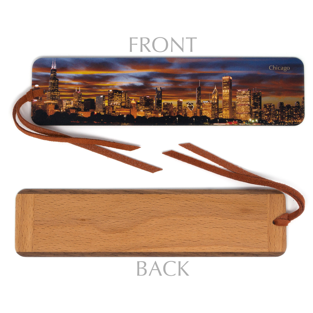 Chicago Skyline at Sunset on Handmade Wooden Bookmark - Made in the US