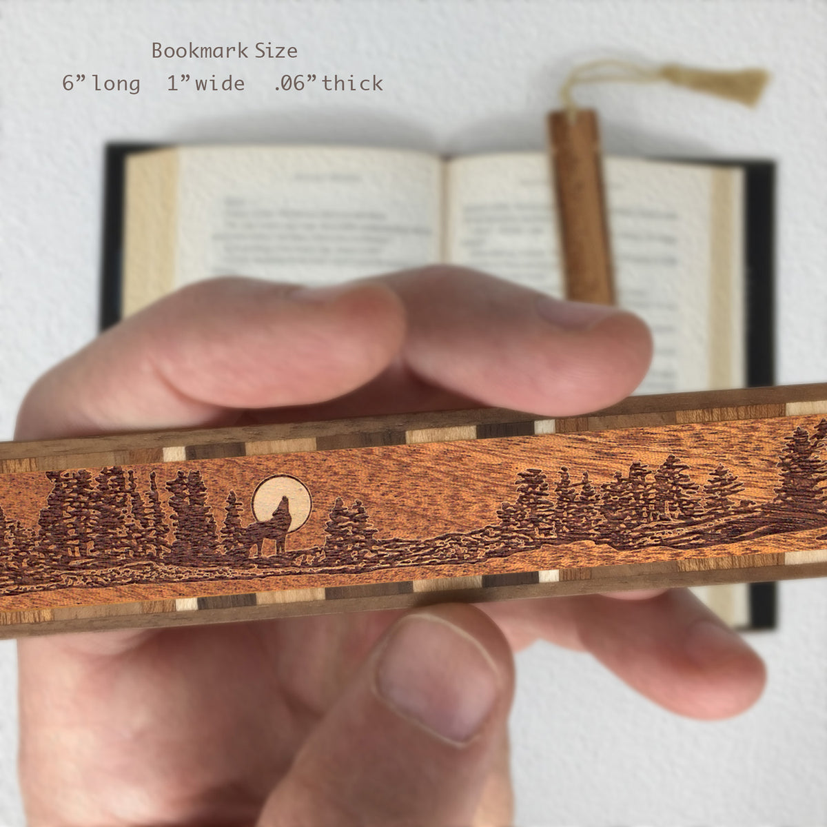 Wolf Howls at Full Moon Engraved Wooden Bookmark