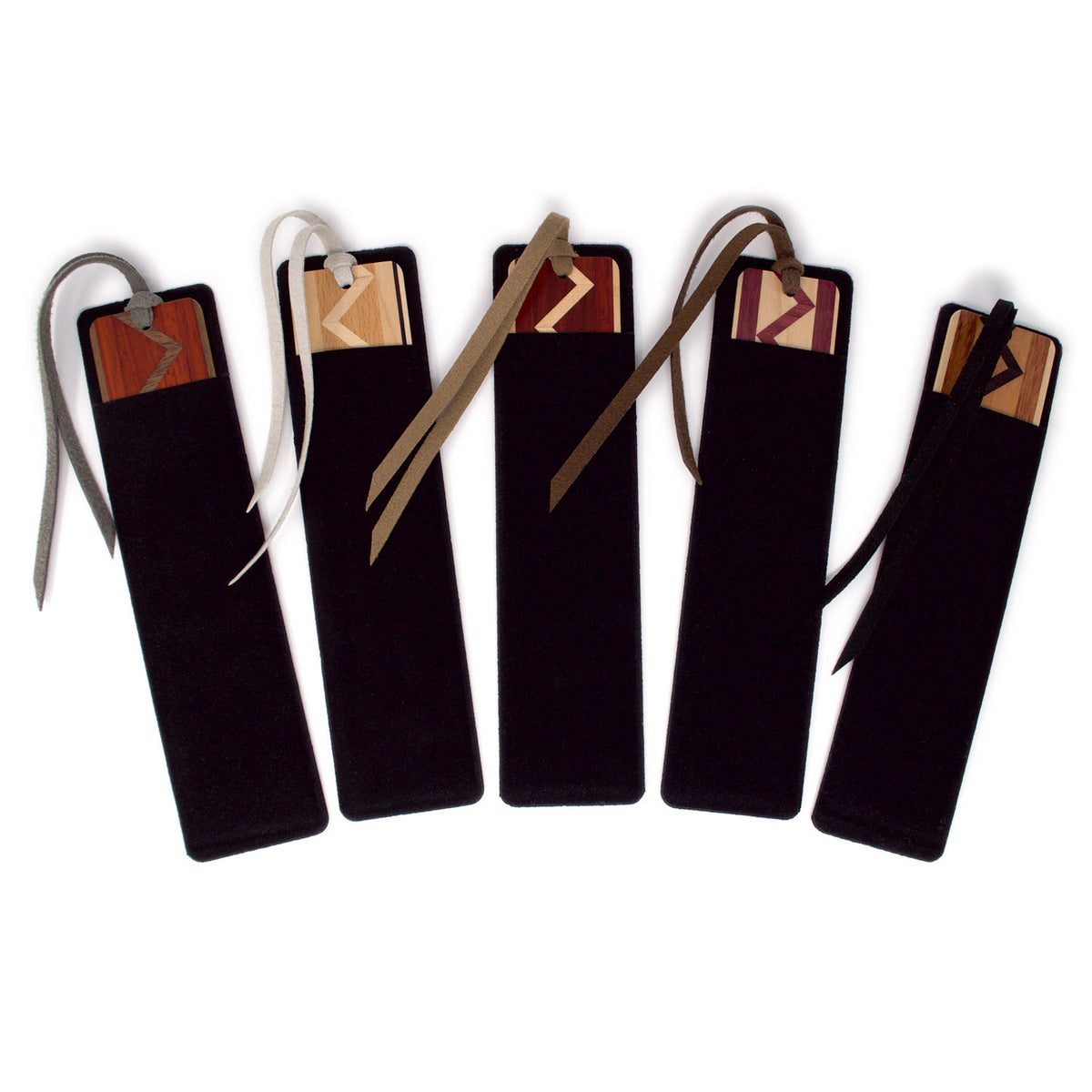Set of Five Inlaid Unique Design Wooden Bookmarks with Pouches