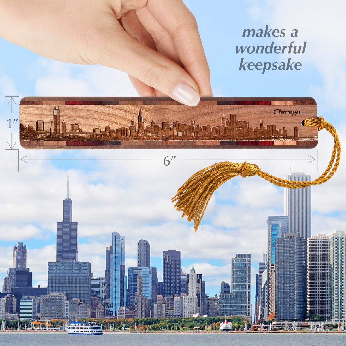 Chicago Illinois Skyline Handmade Engraved Wooden Bookmark - Made in t